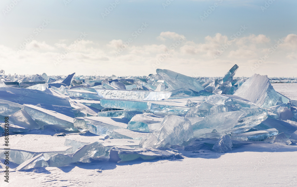 Endless ice desert with piles of huge transparent blue ice floes on ...