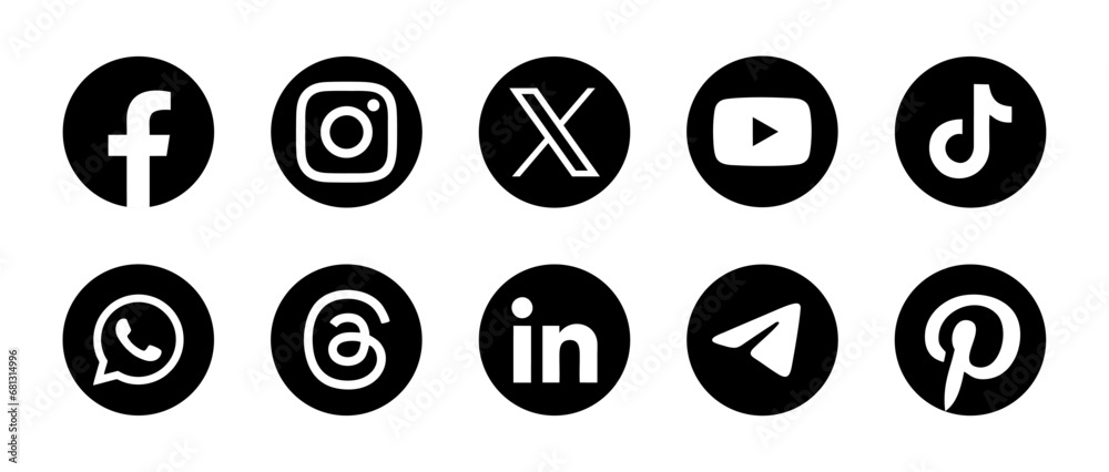 Popular black & white social media icons 2025 . X, Threads, Facebook ...