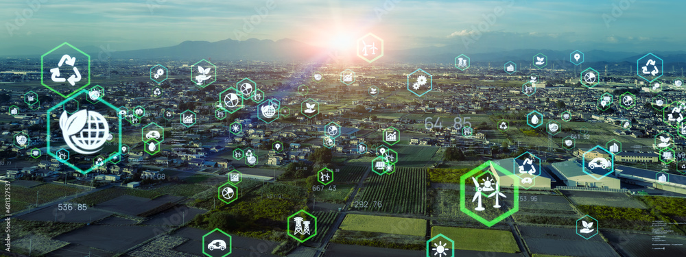 Modern agricultural city aerial view and digital technology concept ...