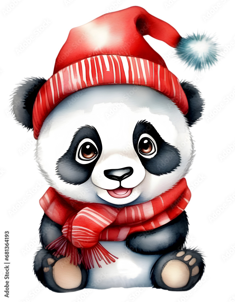 Watercolor Christmas cute panda Clipart, cute panda wearing a Christmas ...