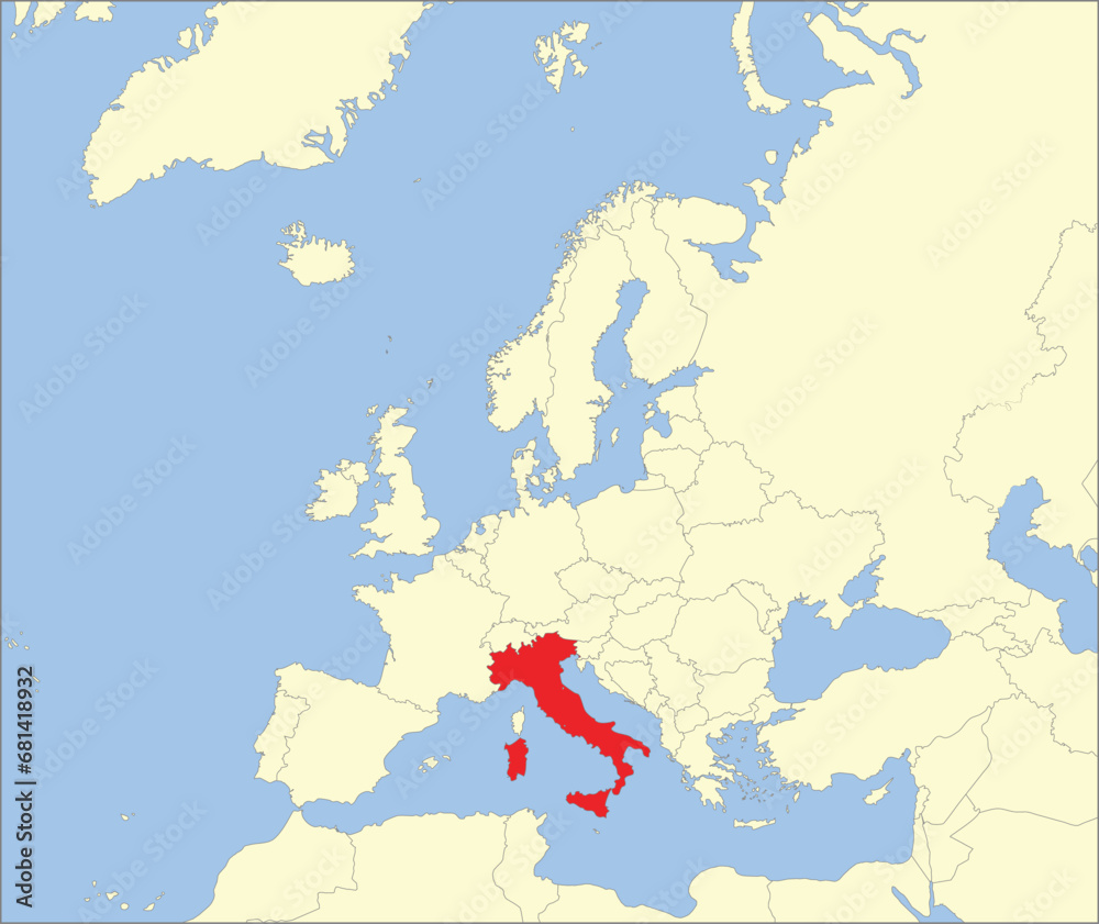 Red CMYK national map of ITALY inside detailed beige blank political ...