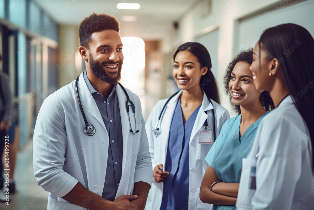 Diverse group of smiling doctors standing together in a hospital ...