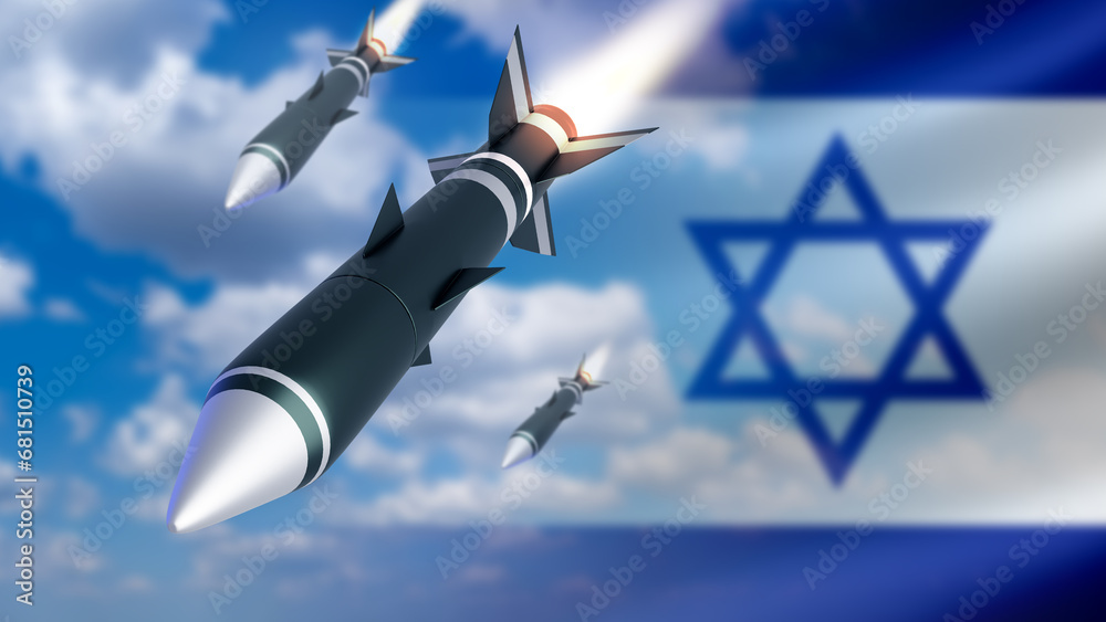 Flying rockets with flag Israel. Military weapons made by Israeli ...
