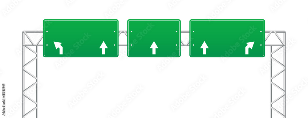 Highway green road signs, blank signage boards on steel poles for ...
