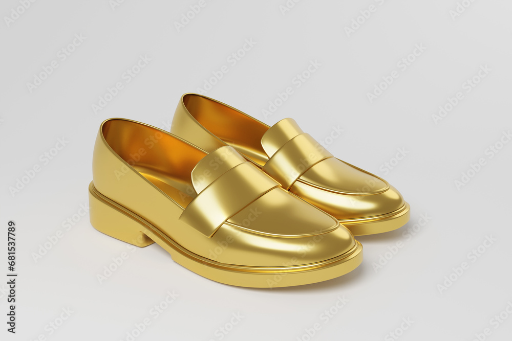 Golden chunky loafer shoes floating in mid air with shadow on white ...