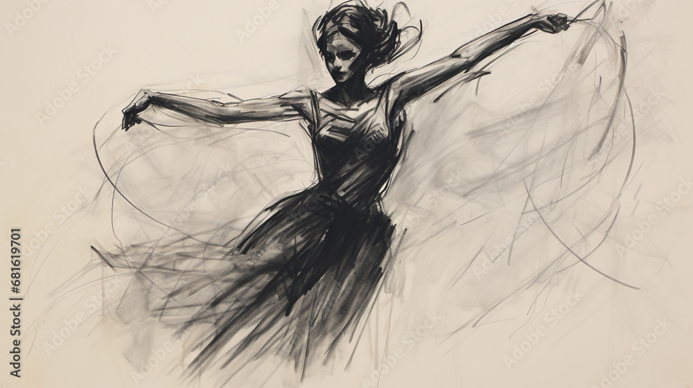 Black charcoal pencil drawing of a young active ballet dancing lady in ...