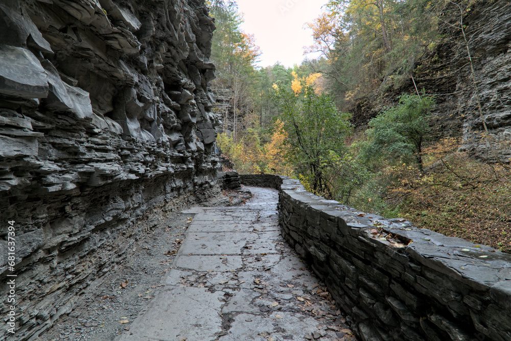stone path detail at watkins glen state park (waterfalls in a gorge ...