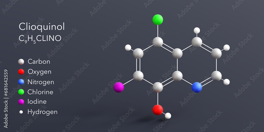 clioquinol molecule 3d rendering, flat molecular structure with ...