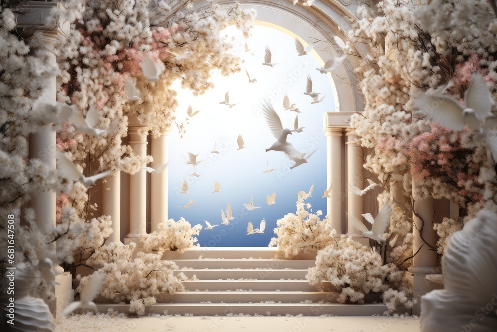 Wedding background with real trees and flowers with white birds as a ...