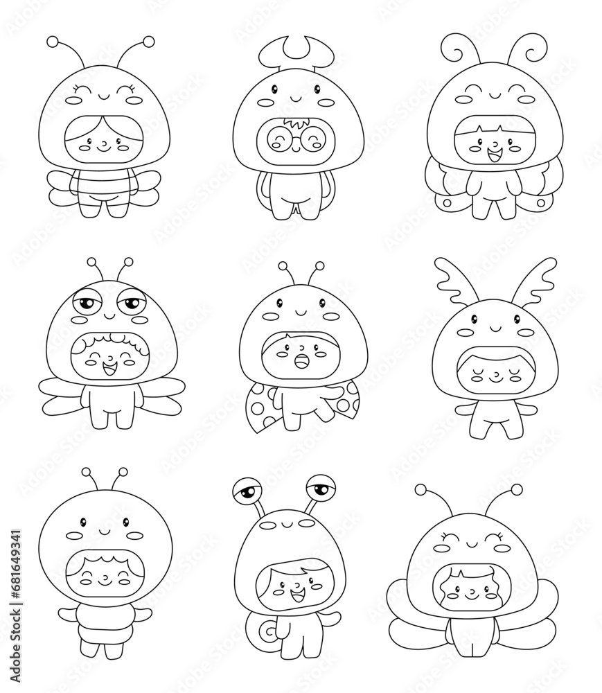 Children in insects costumes. Coloring Page. Cute boys and girls ...