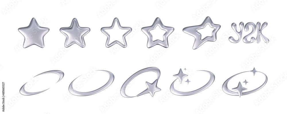 3d chrome stars set in y2k futuristic style isolated on dark background ...