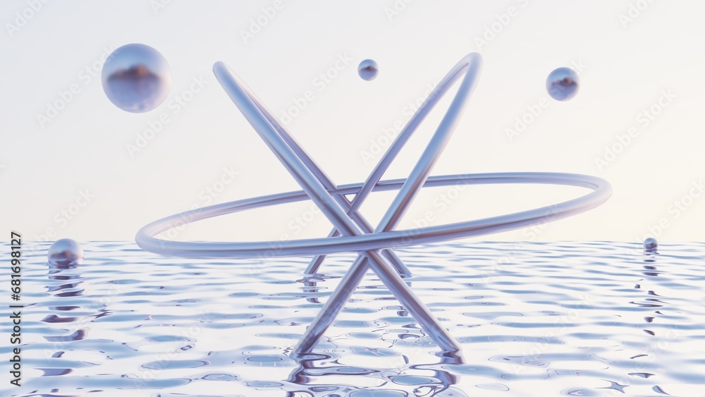 3d abstract futuristic metal chrome shape rotating hoops and spheres ...