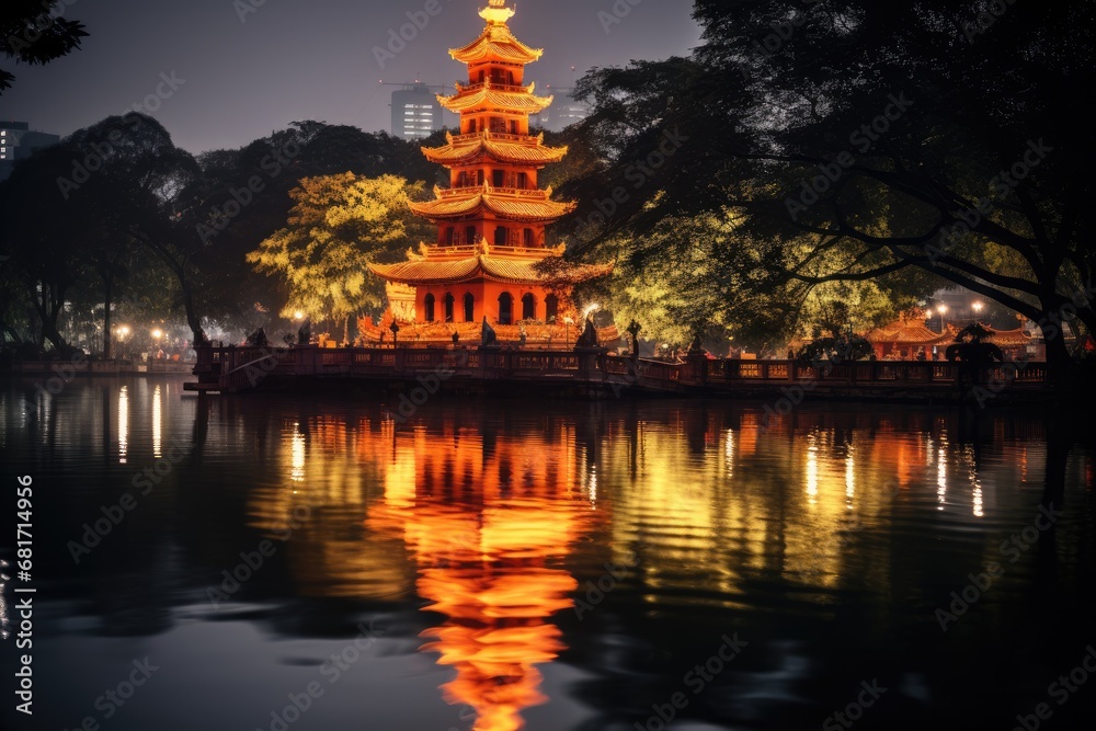 Stock-Foto „Night view of the Chinese pagoda at the lake in Hangzhou ...