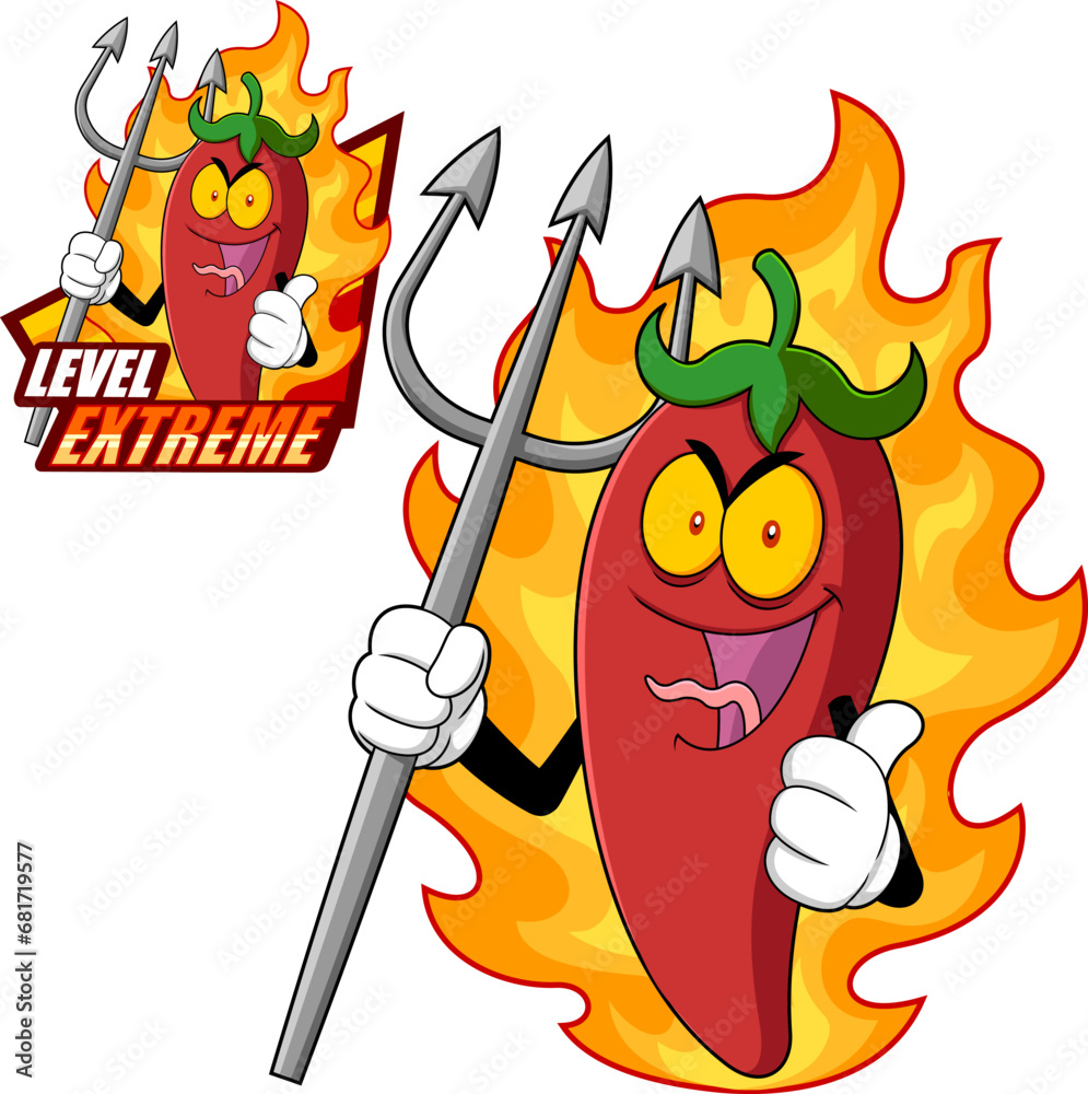 Devil Hot Chili Pepper Cartoon Character Logo Design. Vector Hand Drawn ...