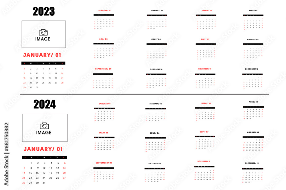 Calendar 2024 and calendar 2023 week start Sunday. Corporate design ...