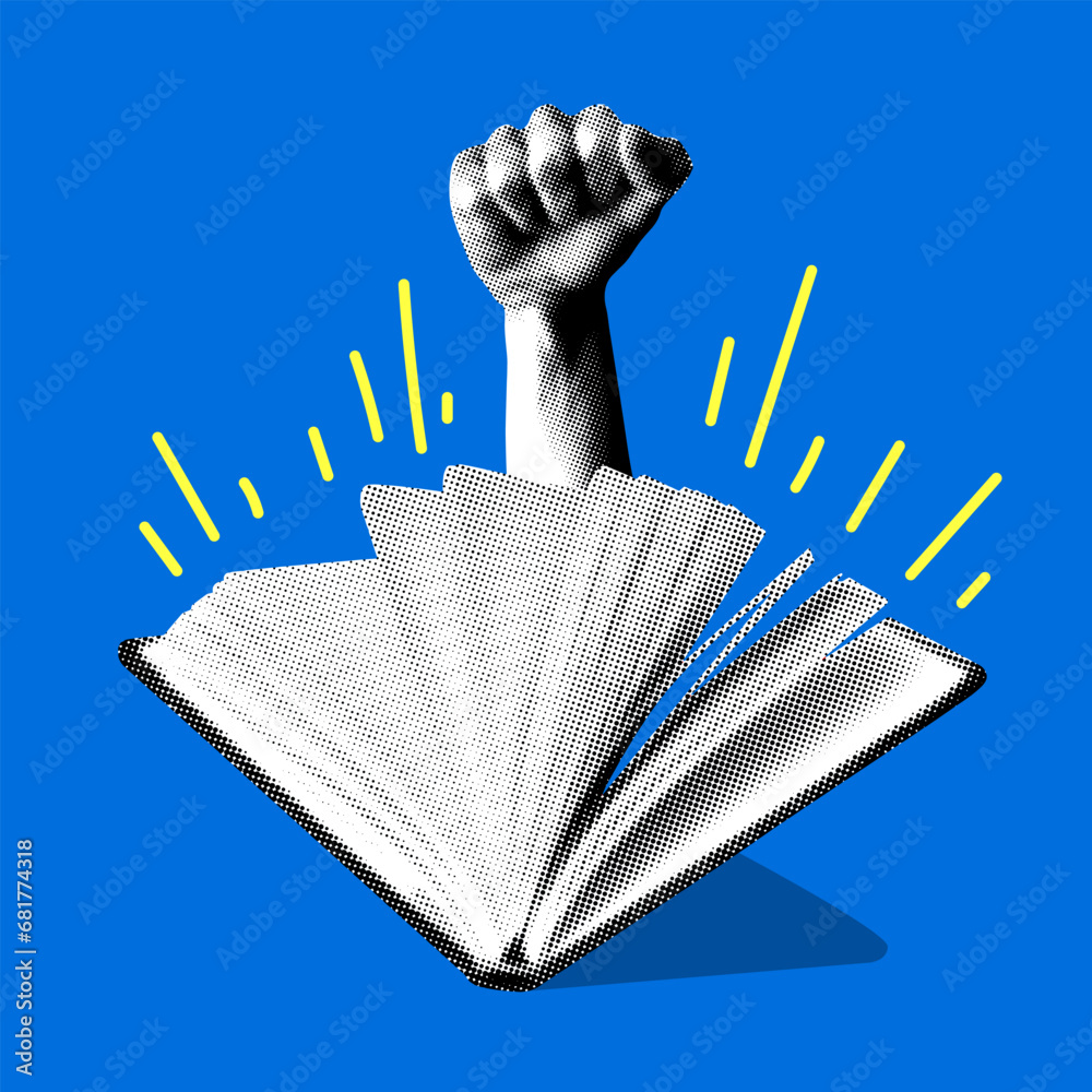 Knowledge is power concept. Modern collage with halftone style open ...