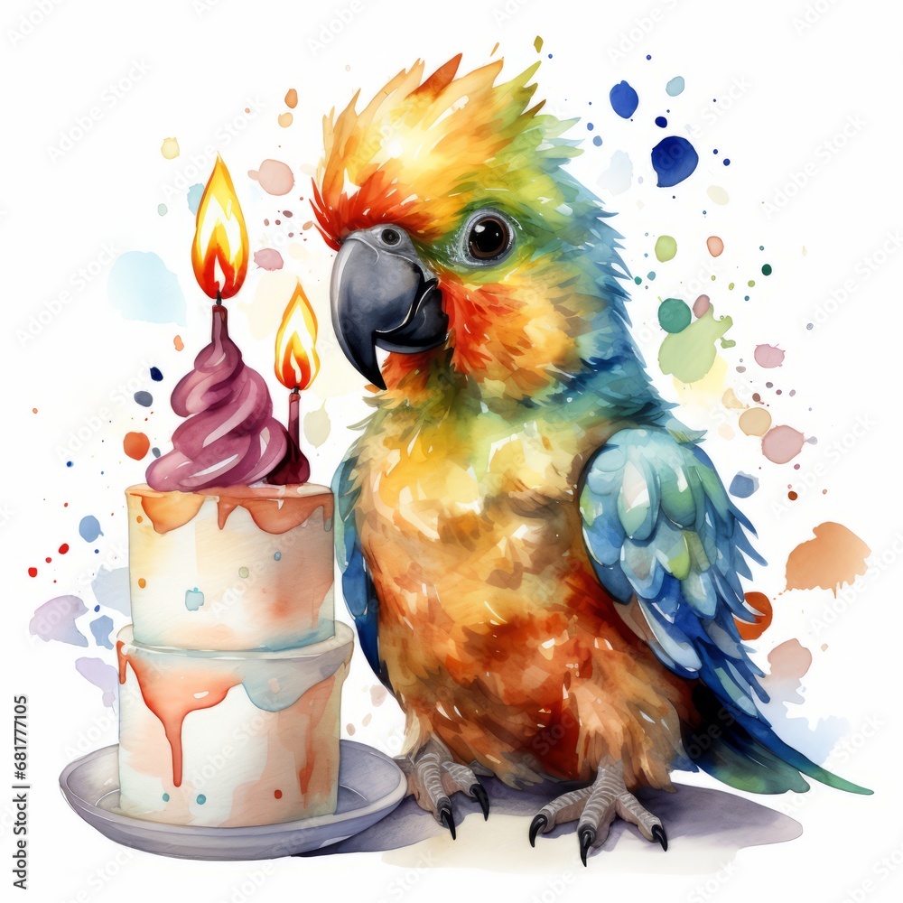 Happy birthday greeting card watercolor illustration with parrot. Happy ...