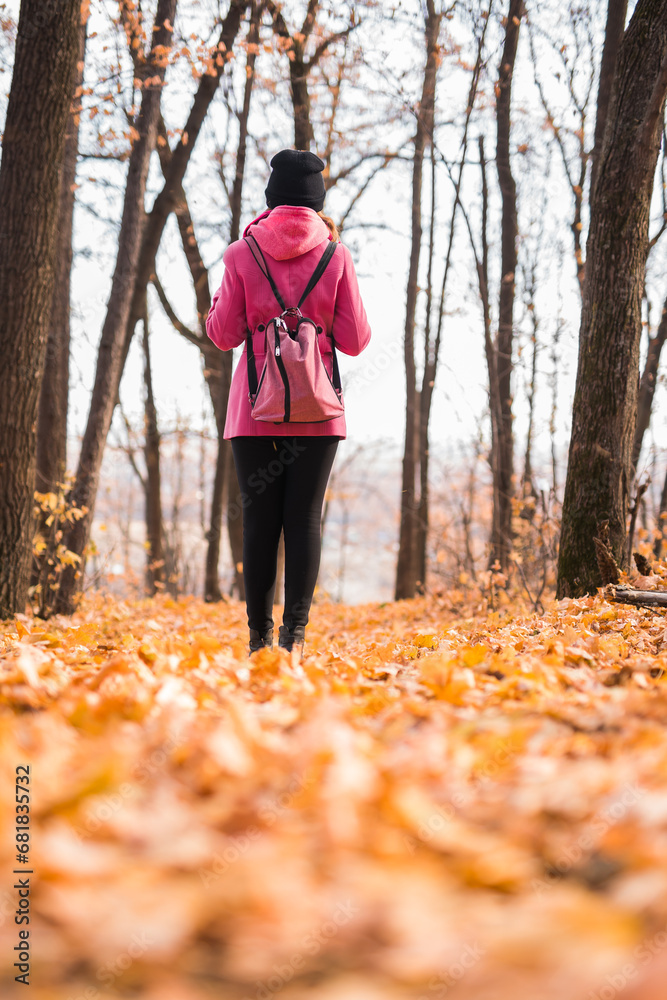 Back view of a girl walking on autumn park in fall season. Generation Z ...
