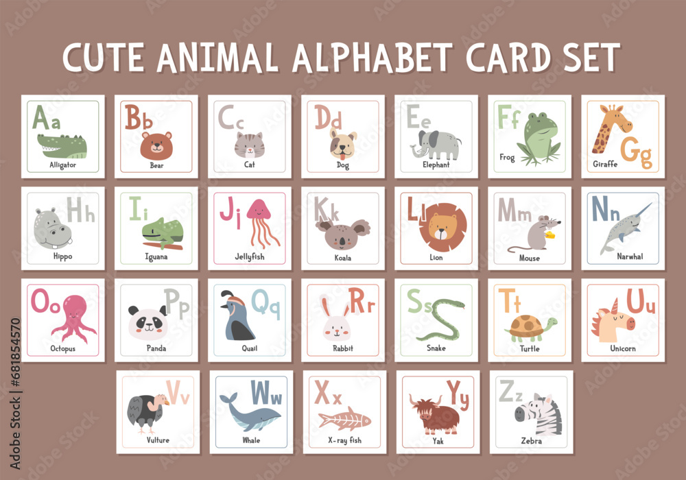 Cute animal alphabet for kids education, flat vector illustration. Set ...