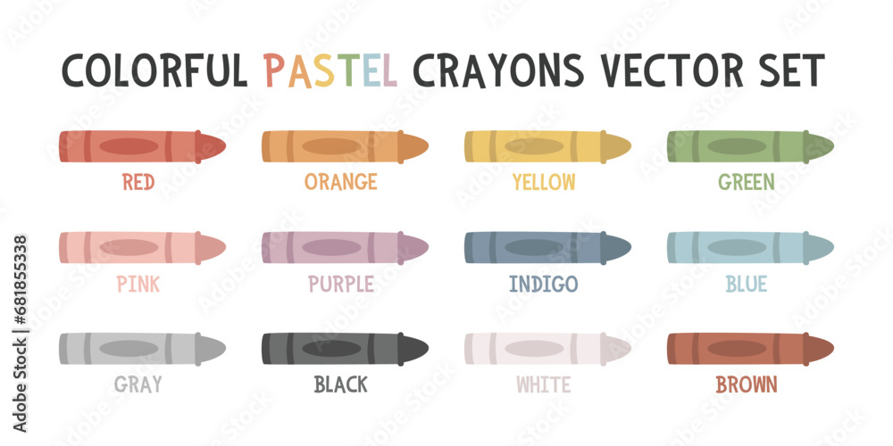 Colorful crayons vector set. Pastel colors clipart cartoon style ...