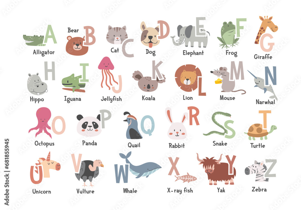 Cute animal alphabet for kids education, flat vector illustration. Zoo ...