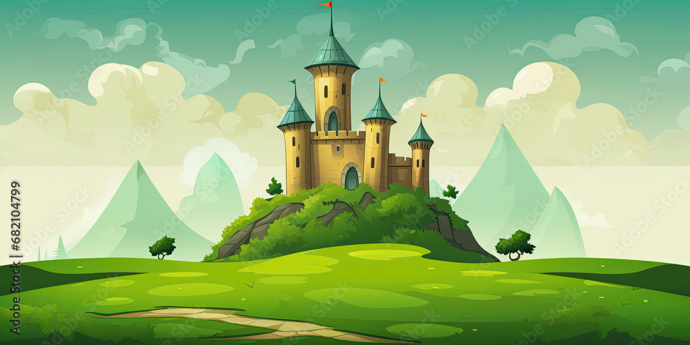 Cartoon fantasy castle graphic resource green hills blue sky fairy tale ...