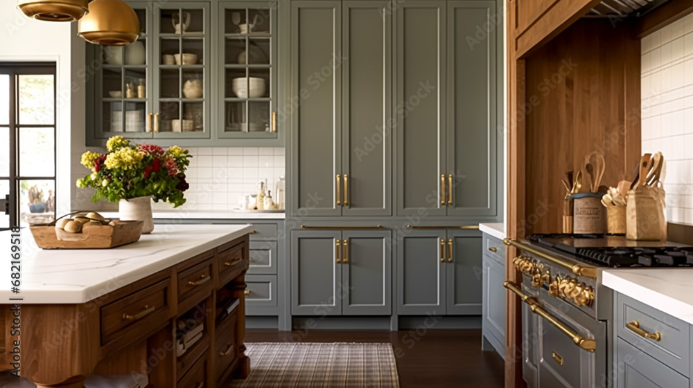 Muted grey modern cottage kitchen decor, interior design and country ...