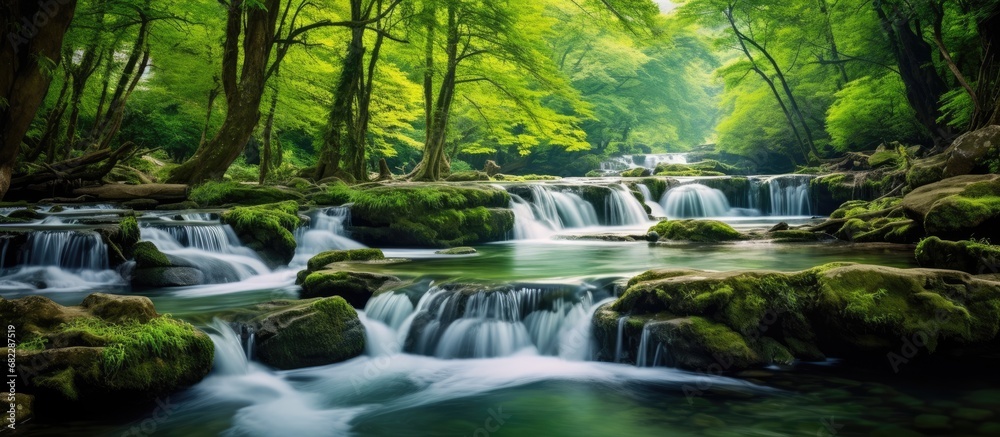 stunning natural landscape of a green park, a beautiful waterfall ...