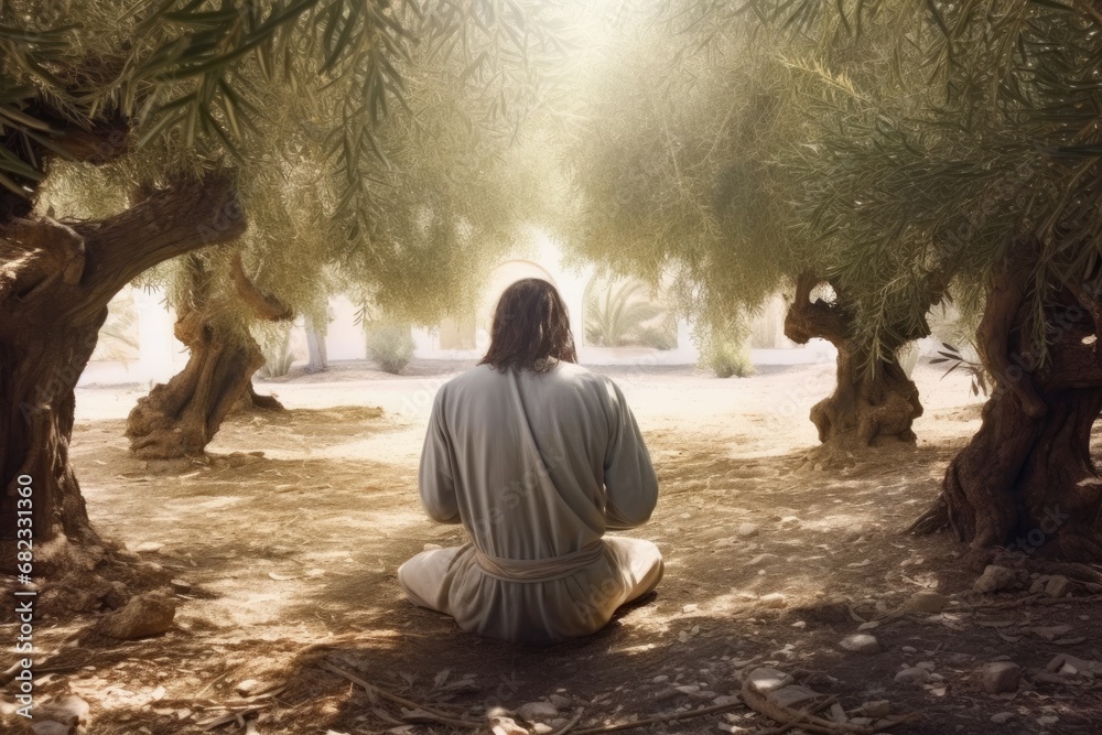 Jesus in agony praying in Gethsemane garden of olives before his ...