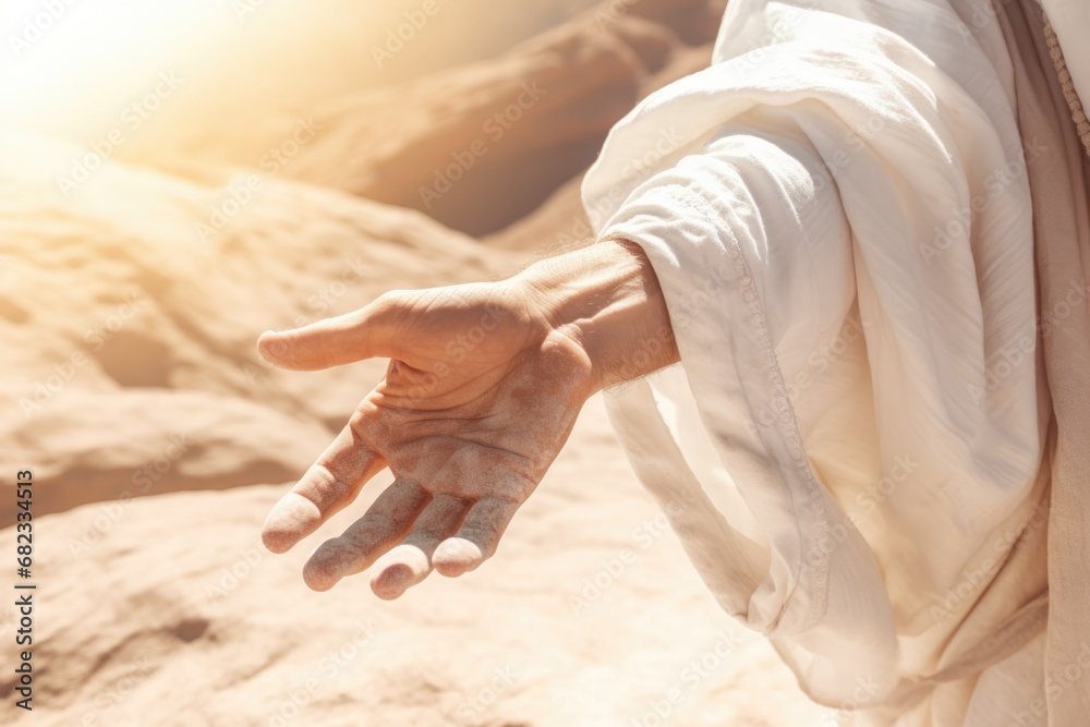 Jesus Christ against bright light background. Easter and resurrection ...