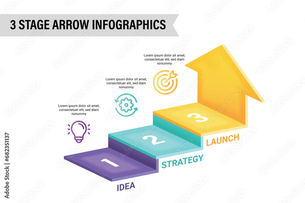 3D arrow infographic vector illustration. 3 steps business process ...