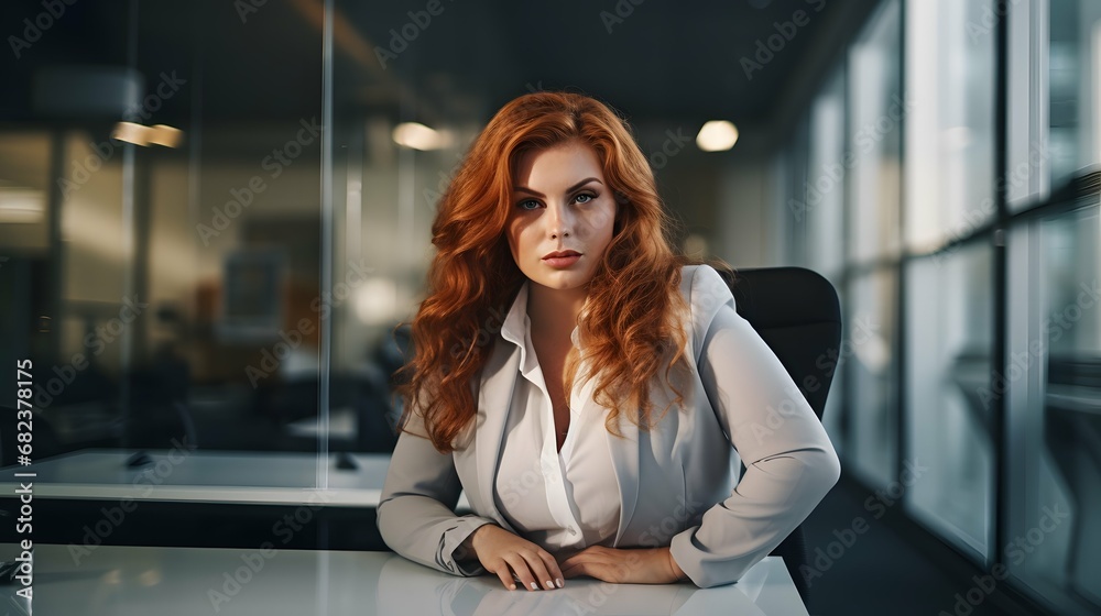 Plus size beautiful business woman model in a suit, in the office ...
