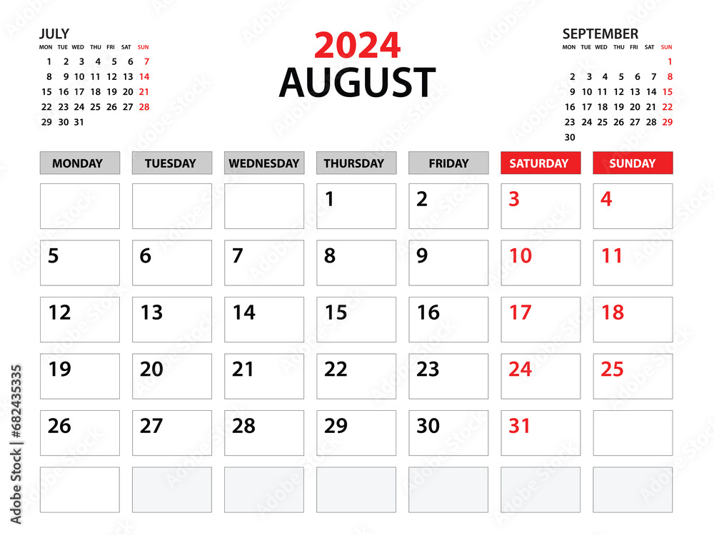 Calendar 2024 template, August 2024 year, planner template, monthly and ...