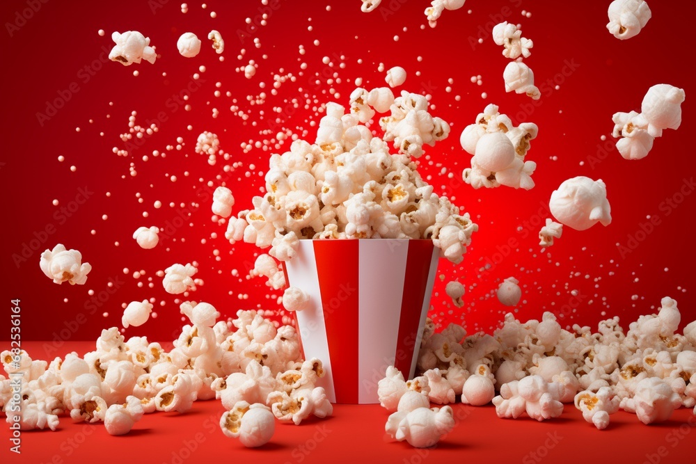 Popcorn in red and white cardboard box is shaking, popcorn spreading ...