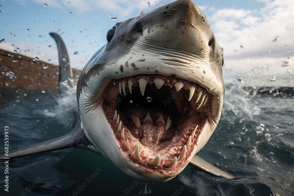 great white shark with jaws open in attack mode swimming through blue ...