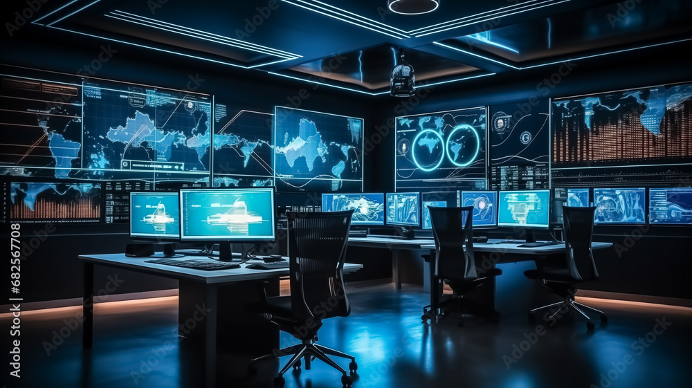 A huge modern office with lots of monitors and office tables for ...