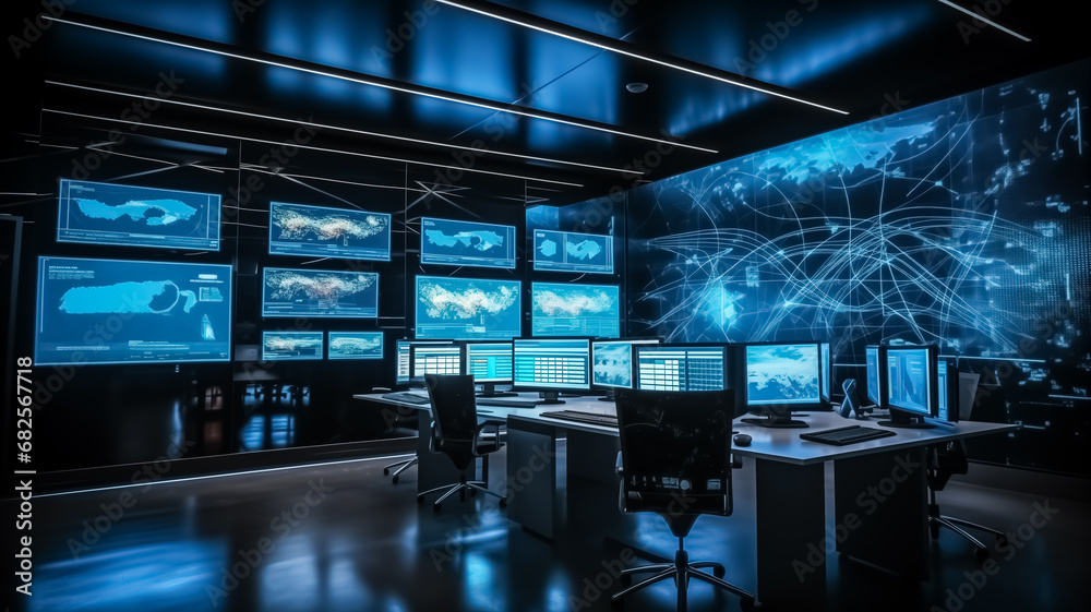 A huge modern office with lots of monitors and office tables for ...