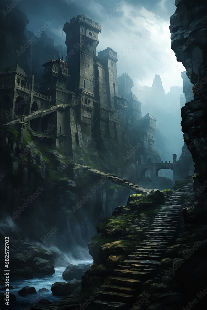 castle cliff river foreground horror walks down hallway mists buildings ...