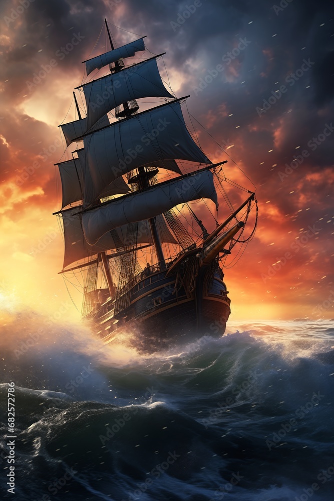 pirate ship ocean sunset cloudy sky wind blows leaves highly destroyed ...