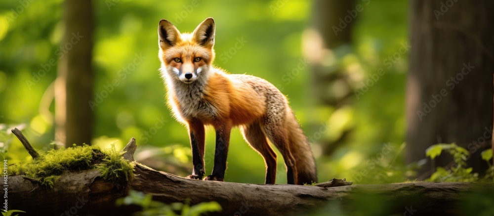 Foto de Stock In the serene wilderness of the forest park, a red fox, a ...