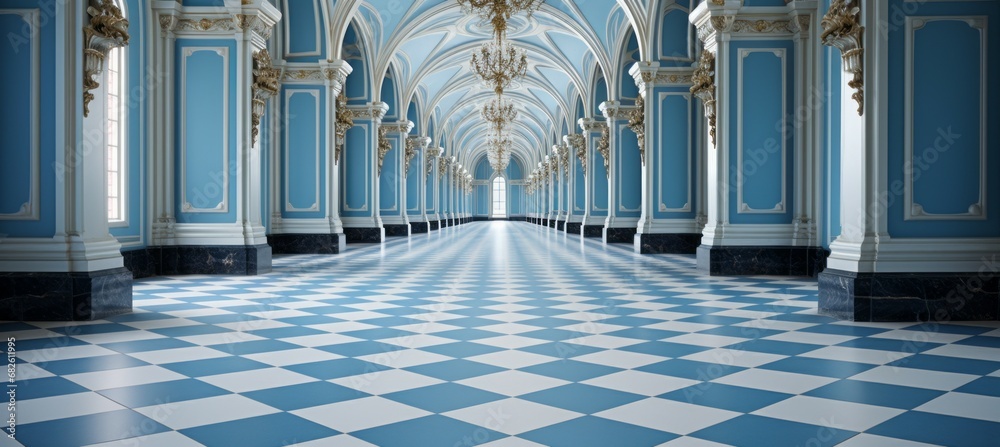 Royal palace corridor with arch column and blue diamond floor pattern. Generative AI technology ...