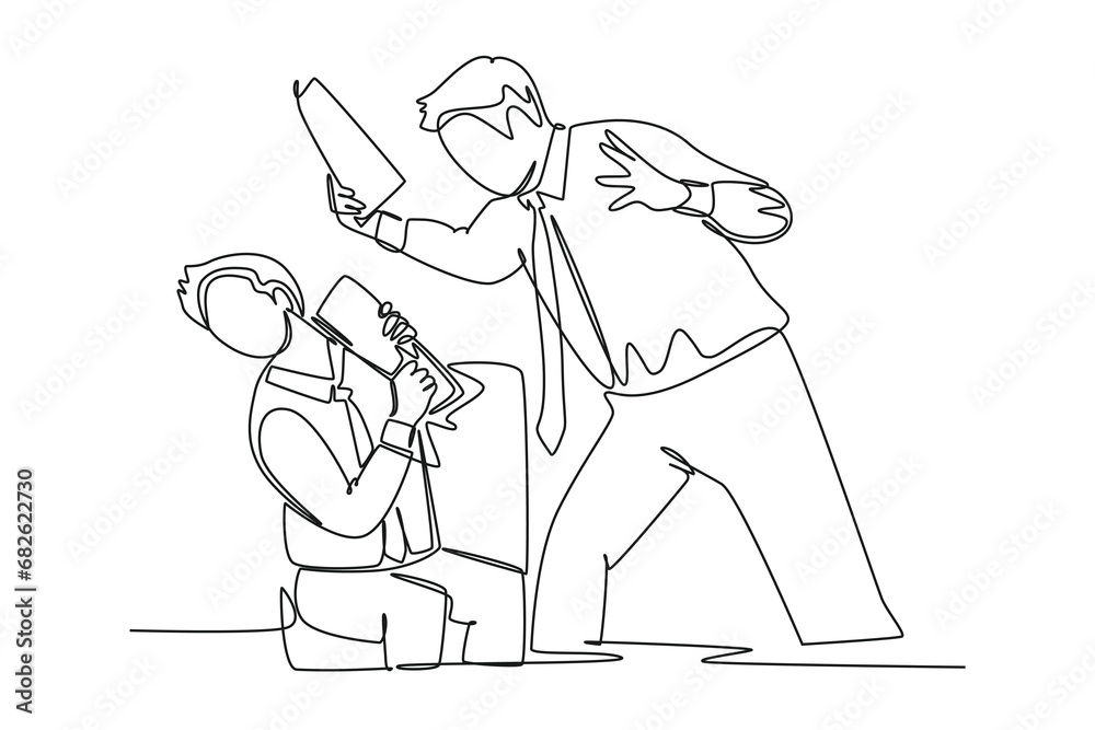 Vector de Stock Single one line drawing young rage manager screaming on ...