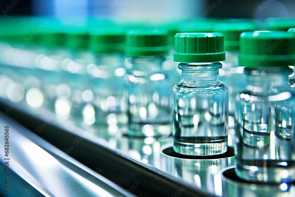 Vials of liquid medication in production line, pharmaceutical ...