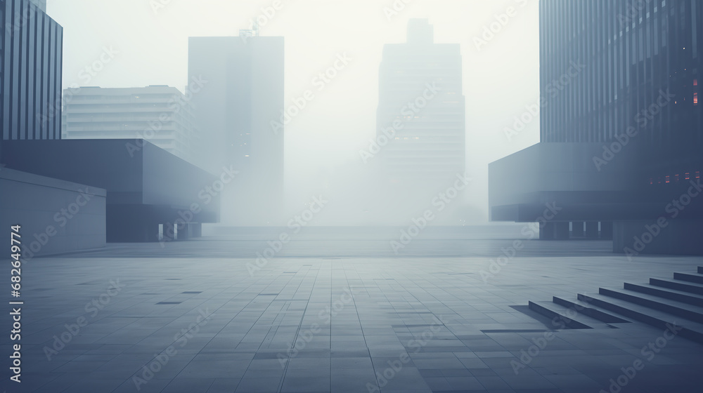 Misty square in a polluted city, surrounded by boring gray skyscrapers ...