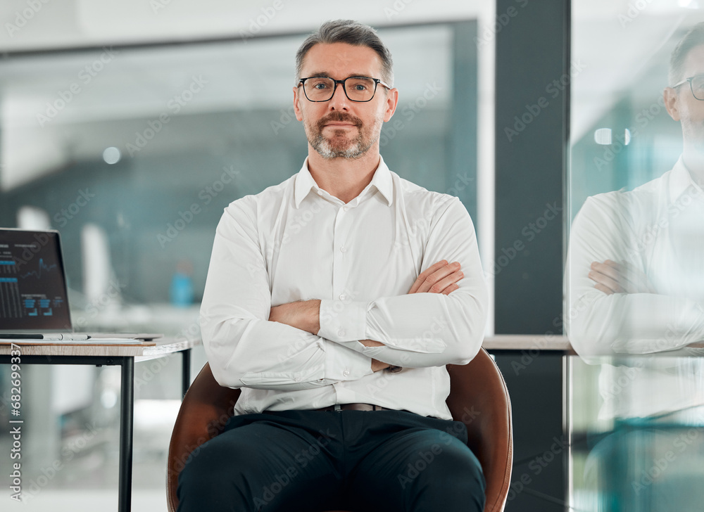 Crossed arms, serious and portrait of businessman in the office with ...
