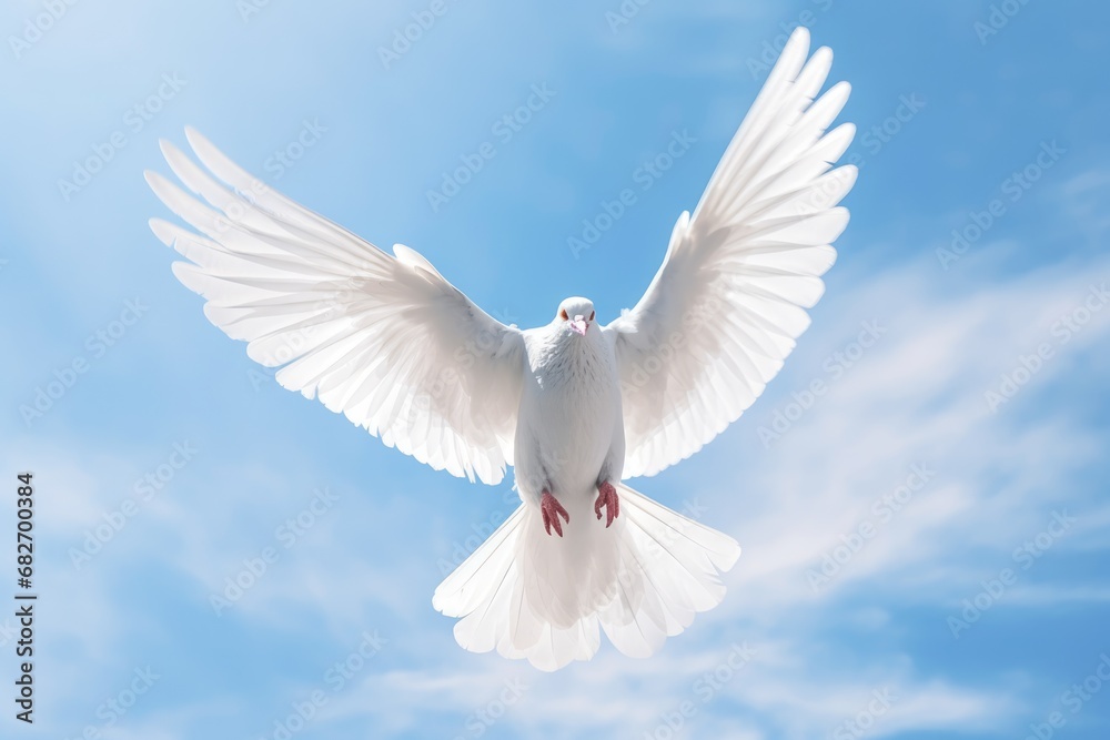 Holy spirit bird flies in blue sky, bright light shines from heaven ...