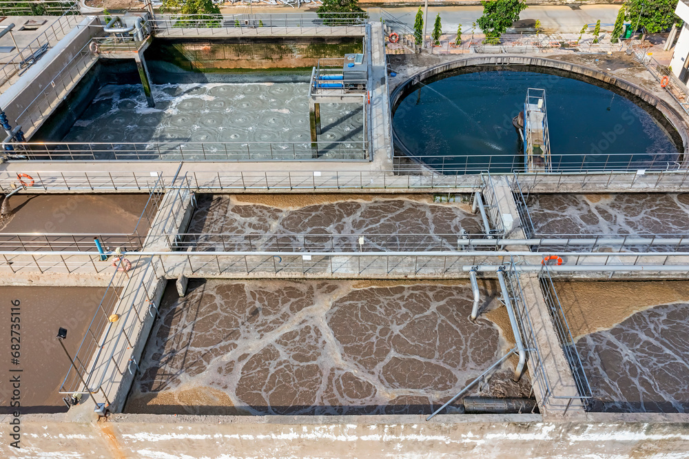 Aerial view of modern industrial sewage treatment plant at shrimp ...