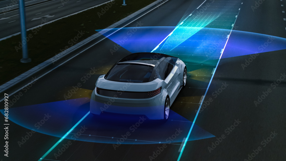 Aerial Drone Following Futuristic 3D Concept Car. Autonomous Self ...