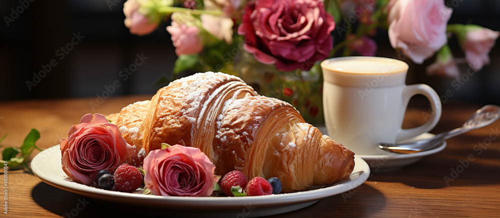 Irresistible breakfast with chocolate croissants, coffee and fresh ...