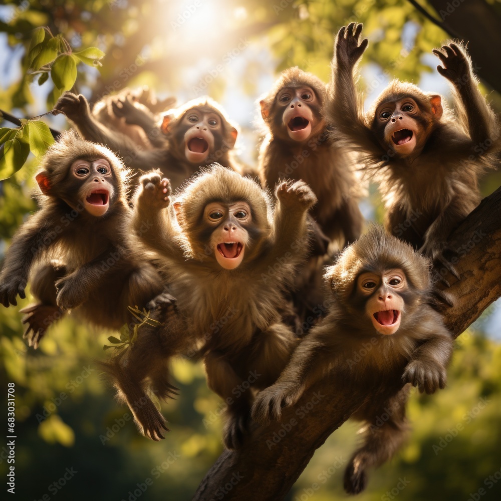 monkeys swinging from tree to tree, their furry bodies and long tails ...